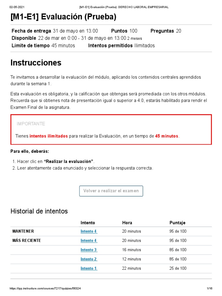 (M1-E1) Evaluación (Prueba) - DERECHO LABORAL EMPRESARIAL2 | PDF | Derecho laboral | Salario
