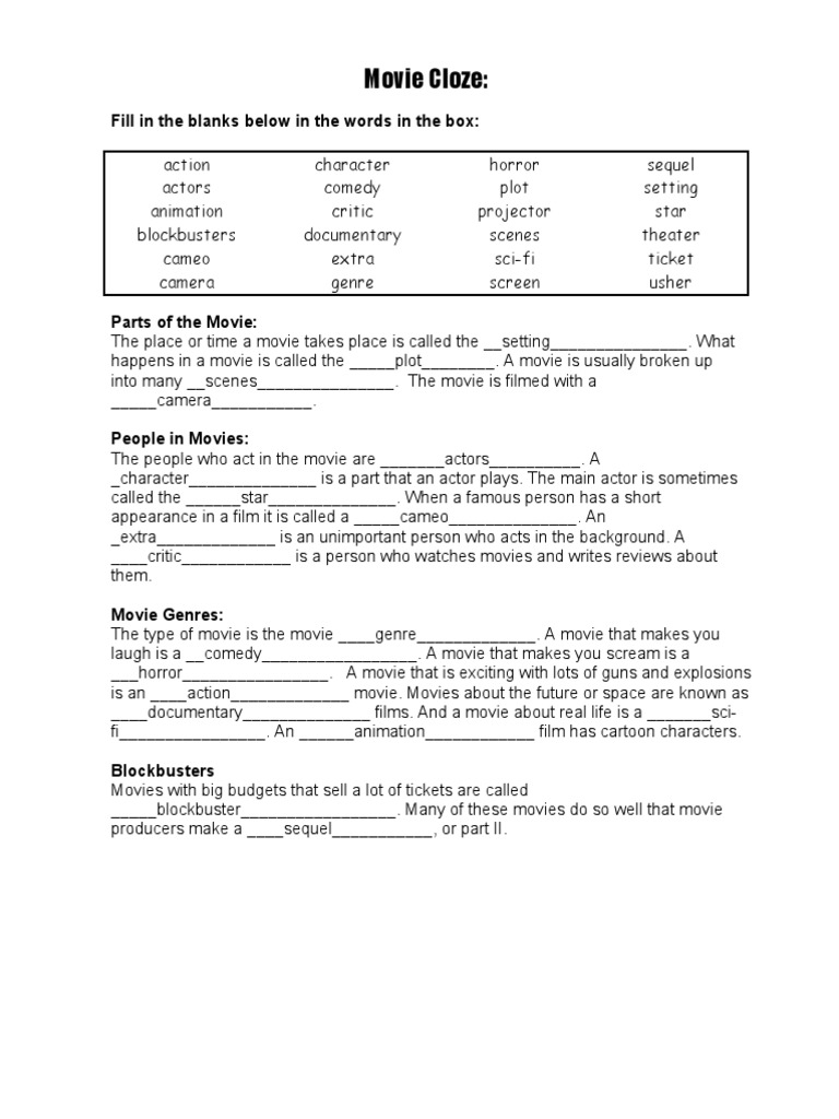 Movie Cloze: Fill in the Blank Activity | PDF