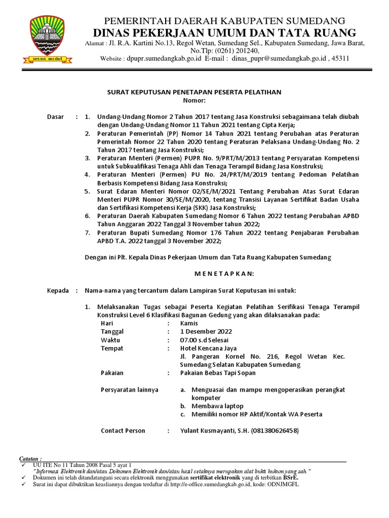 Surat Penetapan Peserta SKK 2022 Sumedang | PDF