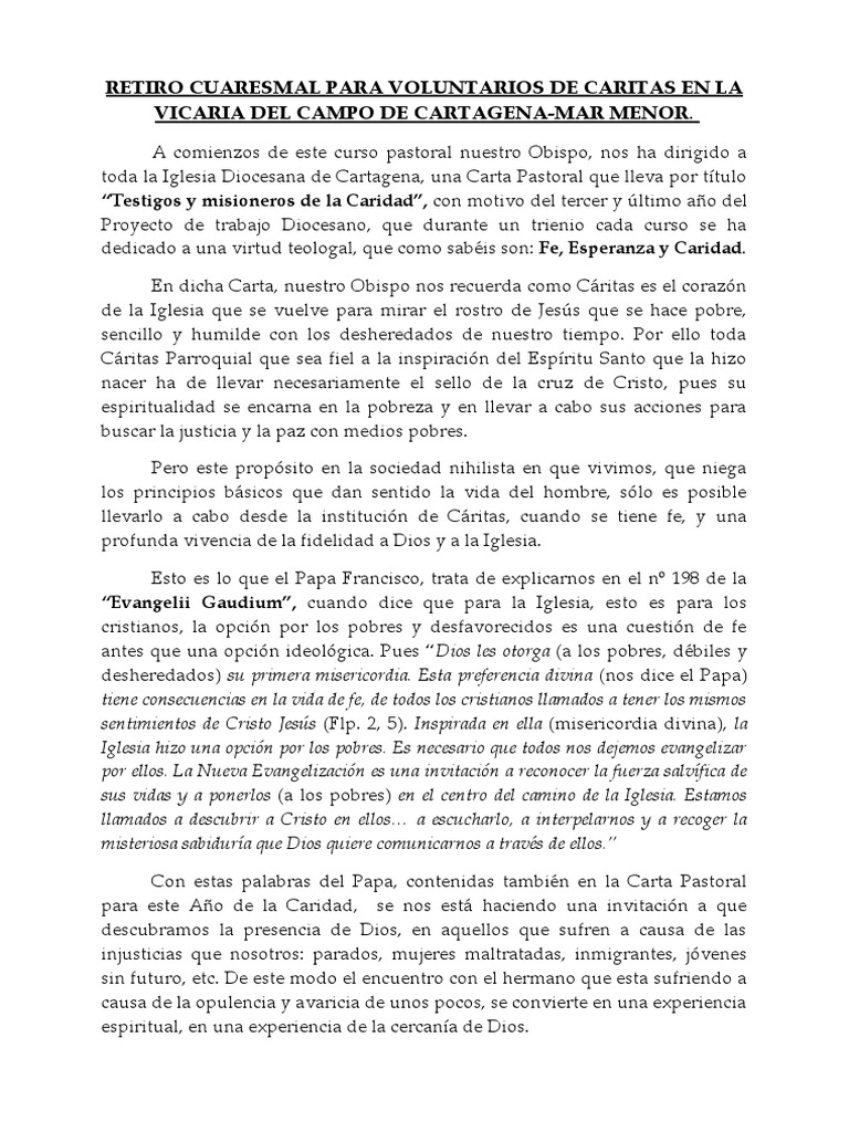 Retiro Cuaresmal para Voluntarios de Caritas en La Vicaria Del Campo de Cartagena Ii | PDF ...
