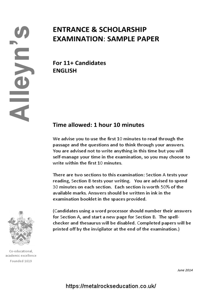 Alleyns 11 English Sample Paper 4 | PDF