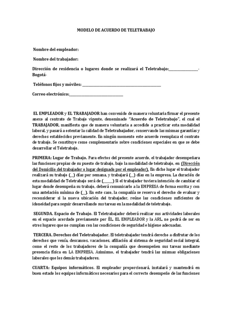 Modelo de Acuerdo de Teletrabajo | PDF