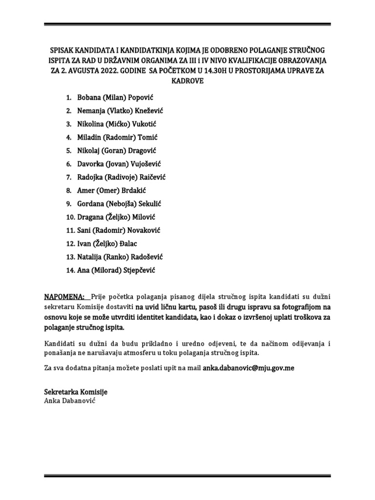Spisak Kandidata 2 Avgust 2022 Sss 1 | PDF