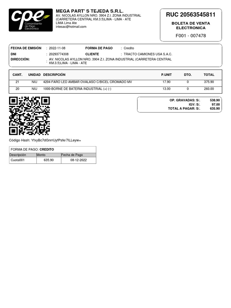 Boleta de Venta Electronica #F001-007478 | PDF