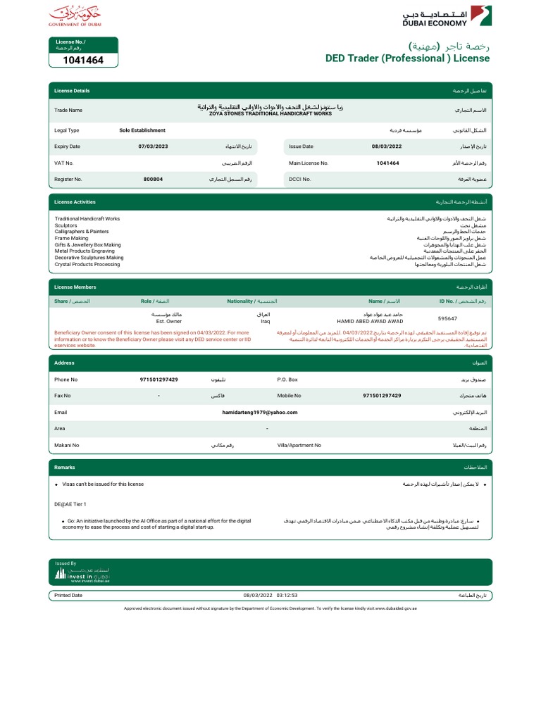DED Trader (Professional) License: Zoya Stones Traditional Handicraft ...