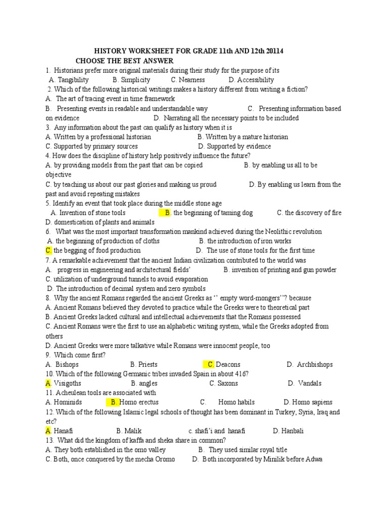 Grade 11 & 12 History Worksheet | PDF