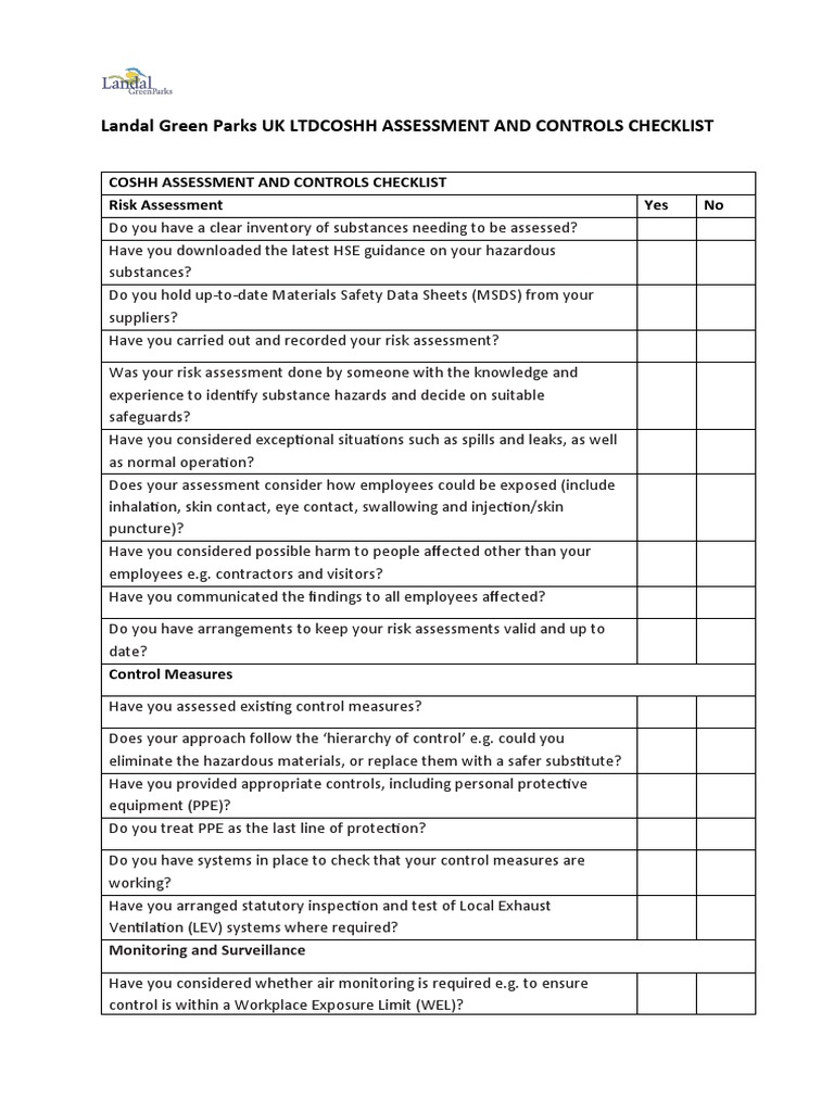COSHH Assessment and Controls Checklist 1 | PDF | Business | Safety