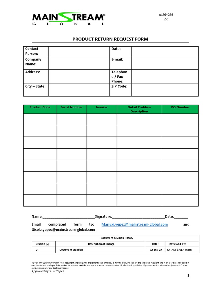 MSG-096 Product Return Request Form | PDF | Telecommunications | Privacy