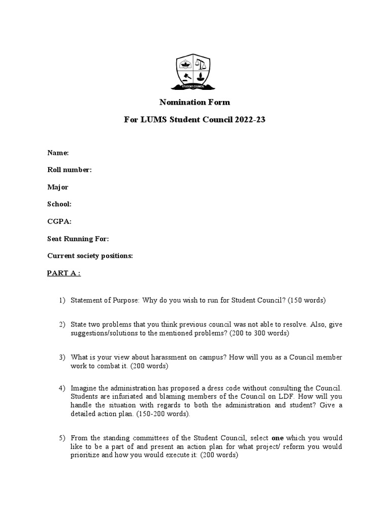 Nomination Form Student Council General Elections 2022 | Download Free ...