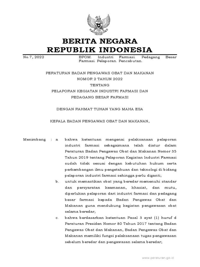 Peraturan BPOM No. 2 Tahun 2022 | PDF