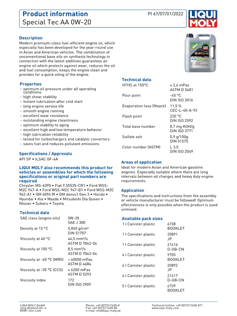 P000311 Special Tec AA SAE 0W 20 67 en - US | PDF | Motor Oil | Vehicles