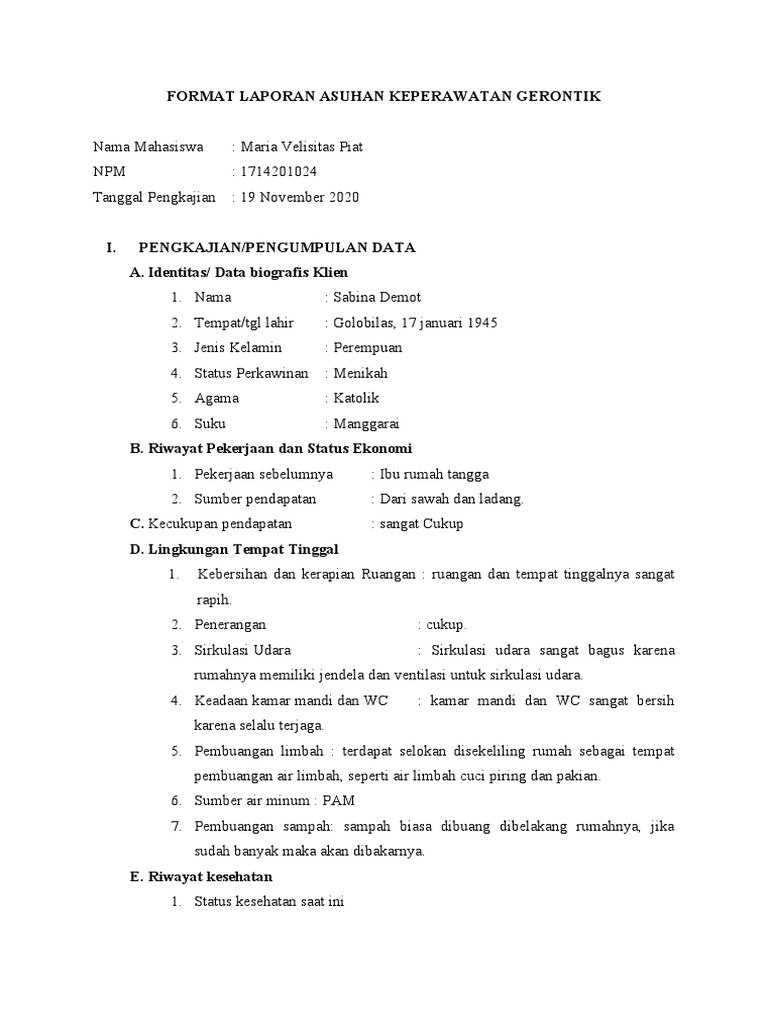 Format Laporan Asuhan Keperawatan Gerontik Maria Velisitas Piat | PDF