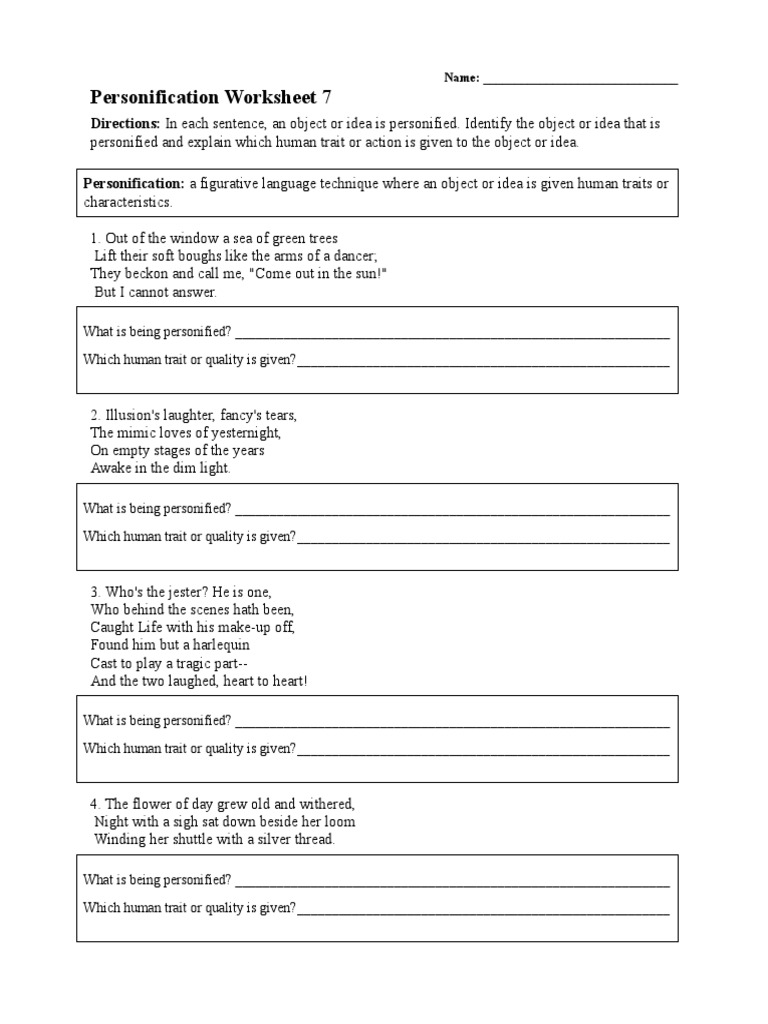 Personification Worksheet 7 | PDF