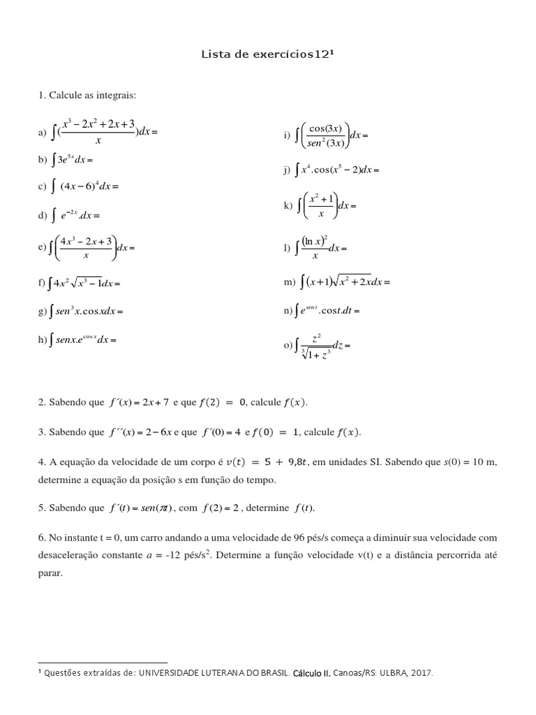 Lista 12 de Exercícios - Calculo I | PDF | Mecânica | Mecânica Clássica