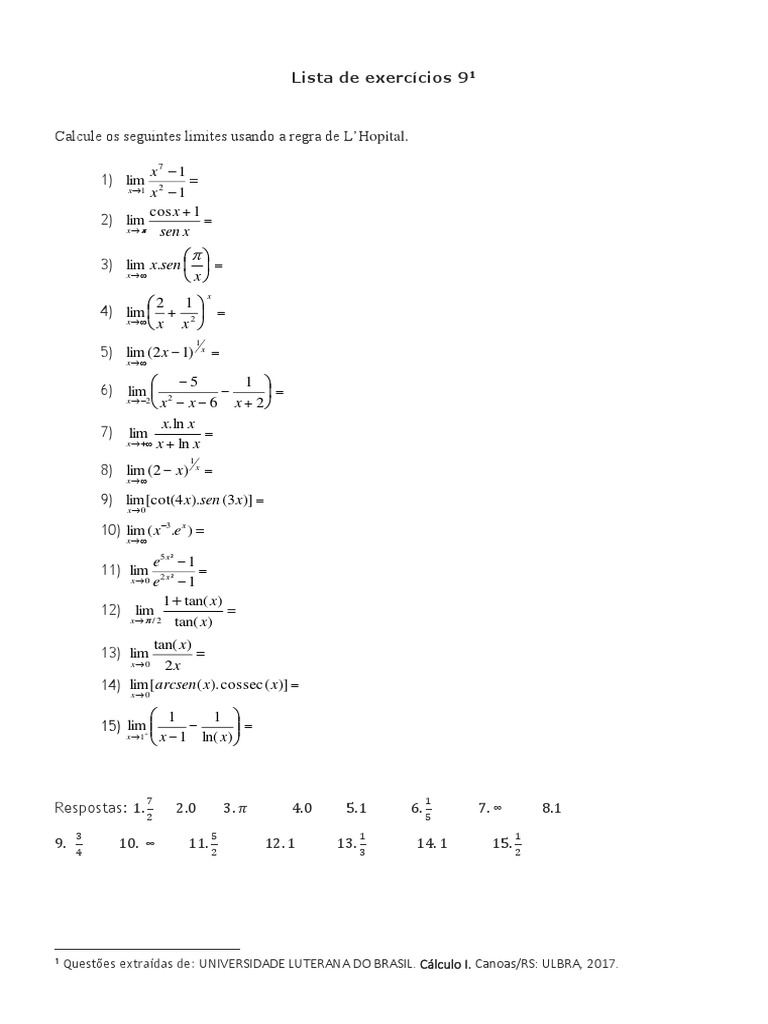 Lista 9 de Exercícios - Calculo I | PDF