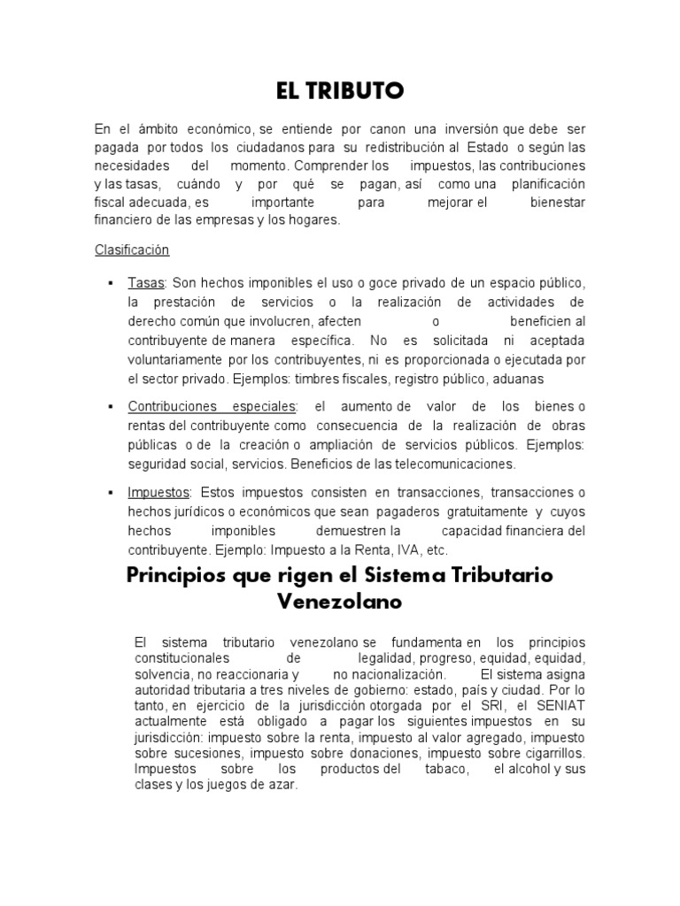 El Tributo: Principios Que Rigen El Sistema Tributario Venezolano | PDF | Impuestos | Economias