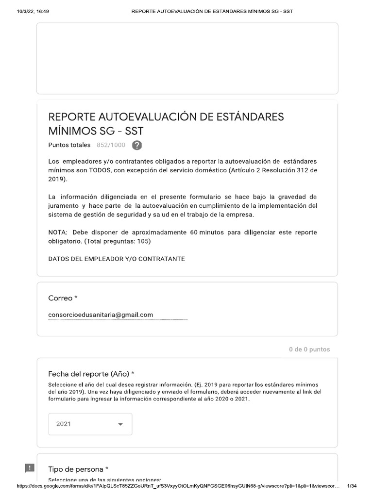 Reporte Autoevaluación de Estándares Mínimos SG-SST | PDF Reporte Autoevaluación de Estándares Mínimos SG-SST | PDF