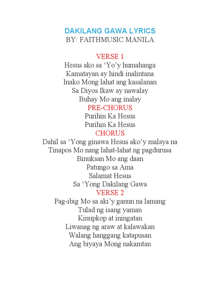 Dakilang Gawa Lyrics | PDF