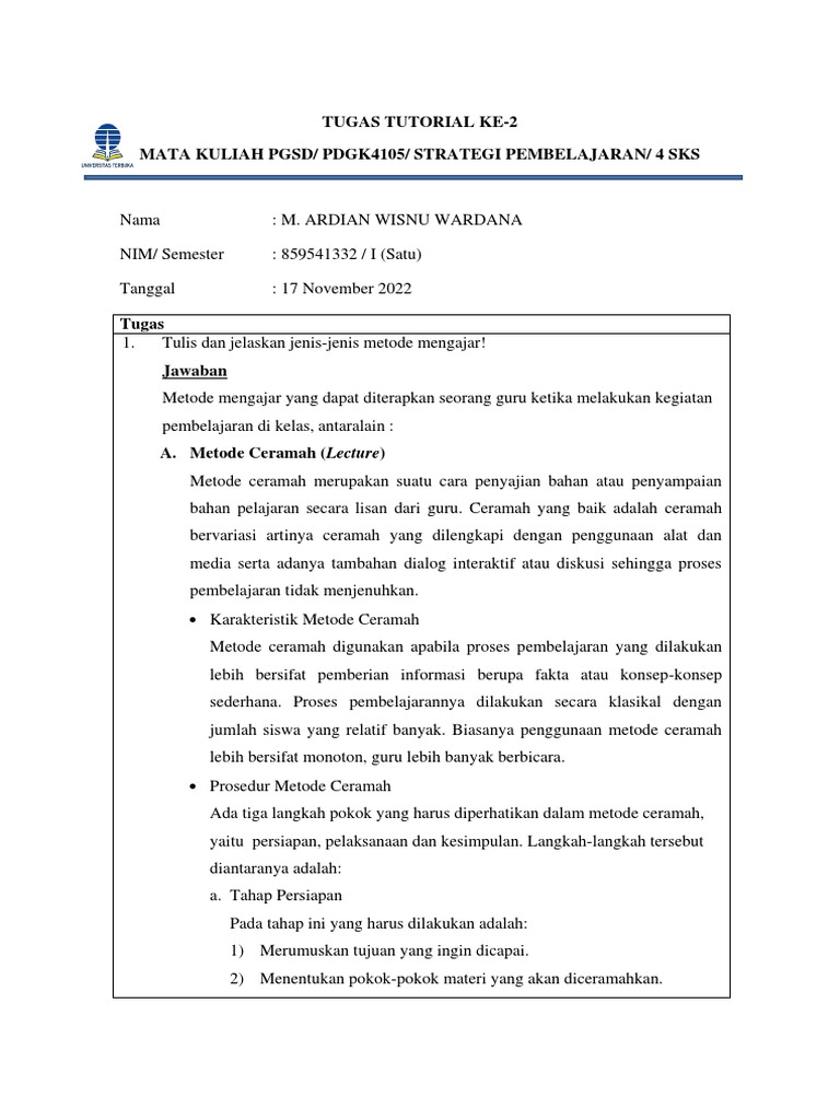 M. ARDIAN WISNU WARDANA - (859541332) - Tugas 2 MK Strategi Pembelajaran | PDF