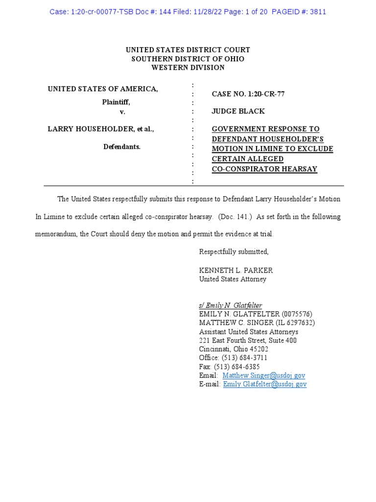 DOJ Response To Larry Householder's Motion To Exclude Statements by Lobbyist Neil Clark From ...
