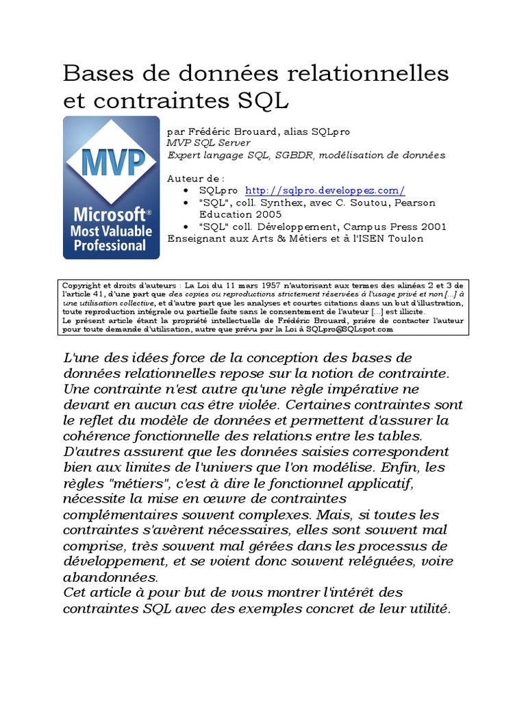 Bases de Donnees Relationnelles Et Contraintes SQL | PDF