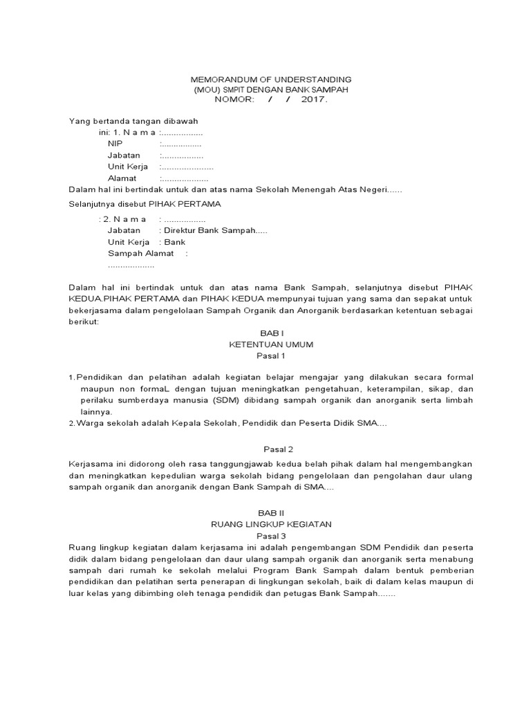 Contoh Mou Bank Sampah | PDF | Bisnis | Pengelolaan Keuangan & Uang