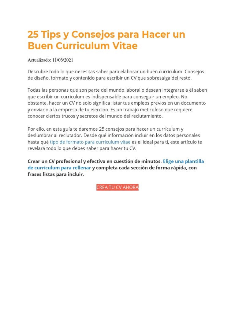 25 Tips y Consejos para Hacer Un Buen Curriculum Vitae | PDF | Plan de ...