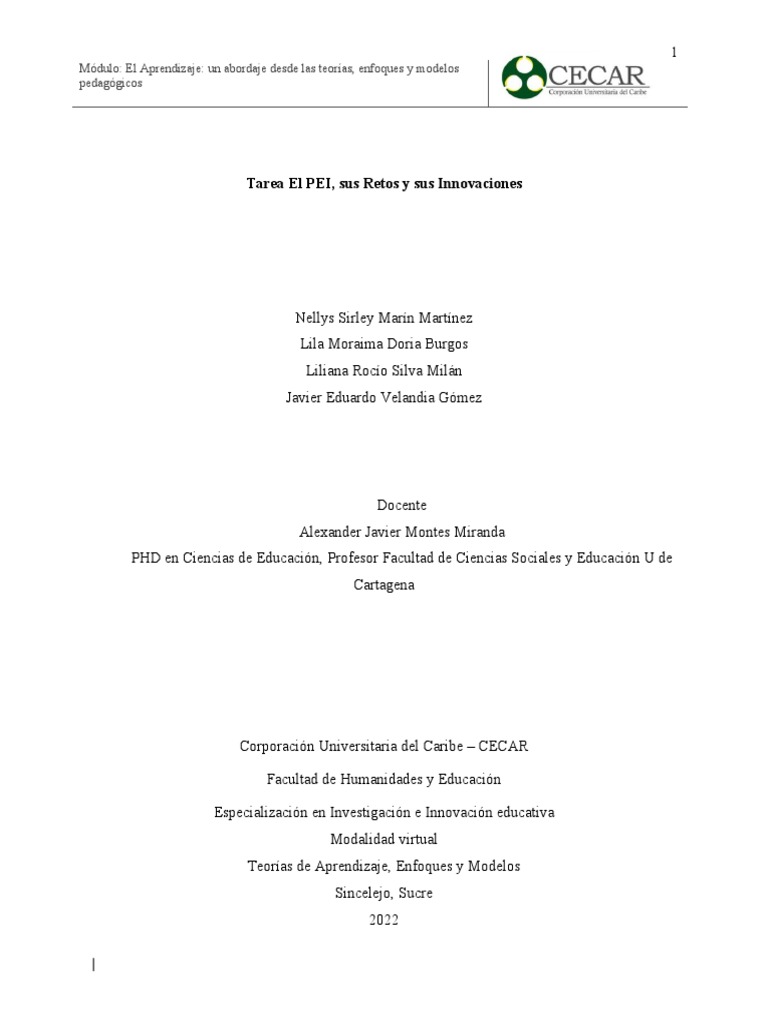 Tarea El PEI, Sus Retos y Sus Innovaciones Especialización | PDF | Plan ...