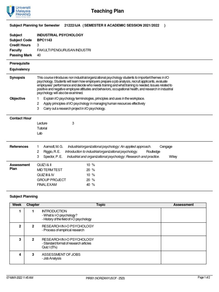 TEaching Plan | PDF | Industrial And Organizational Psychology | Psychology