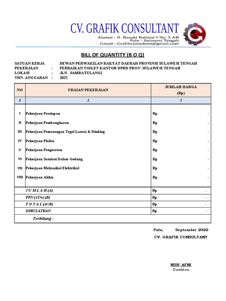 Bill of Quantity (B O Q) : Terbilang | PDF