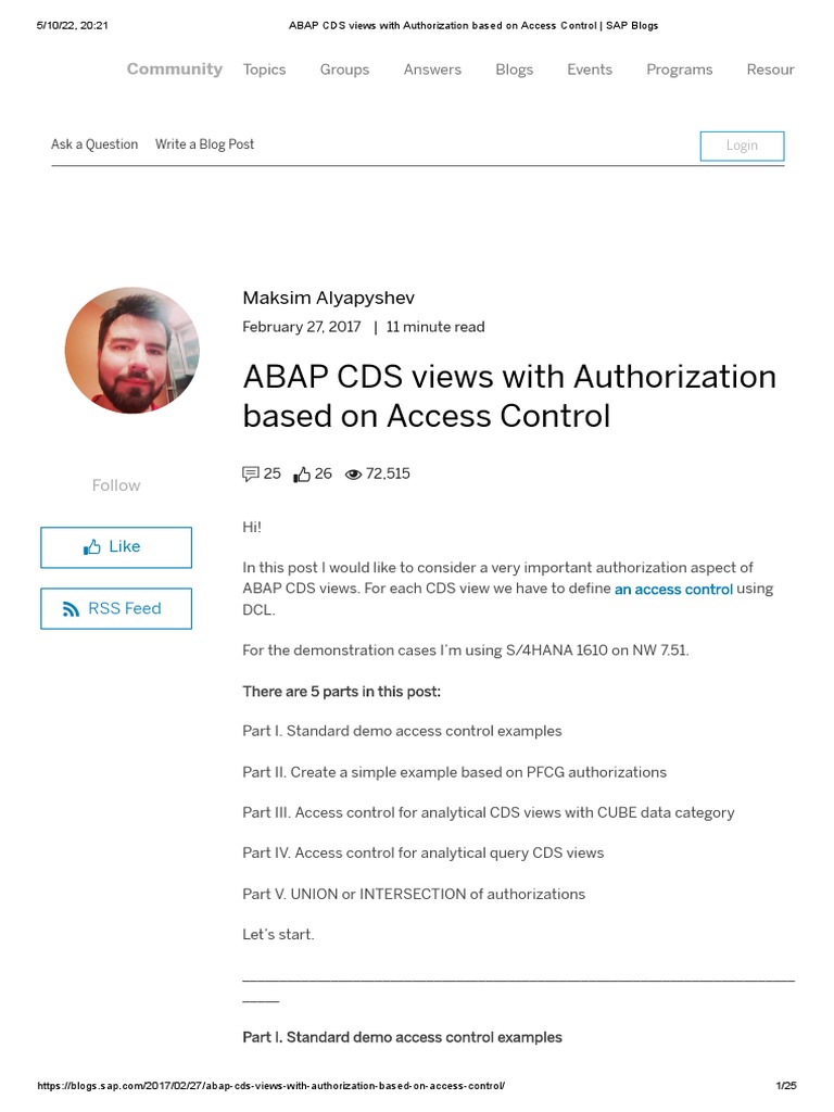 Abap Cds Views With Authorization Based On Access Control Sap Blogs Pdf