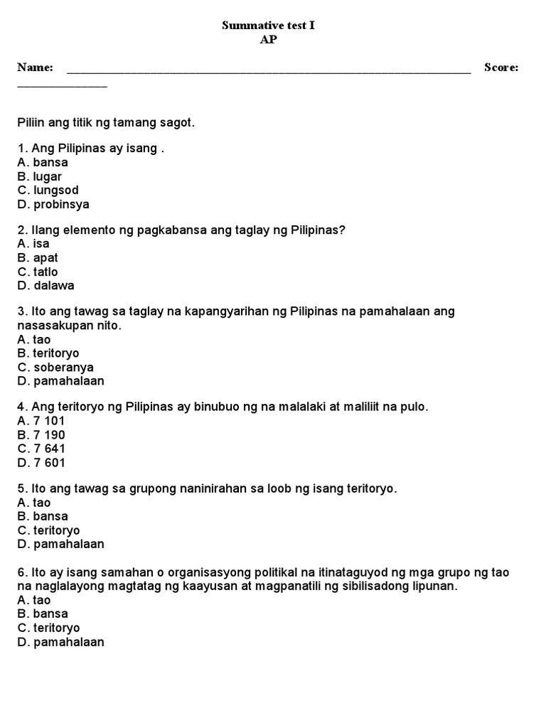 Summative Test I AP Name: - Score | PDF