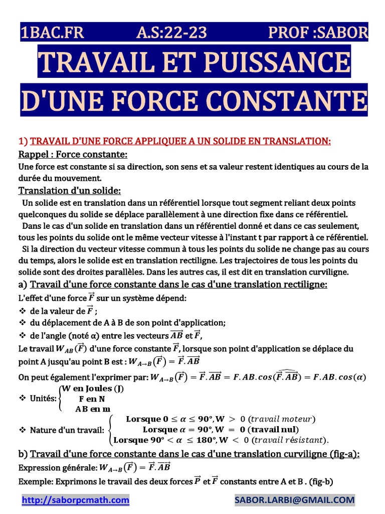 1bac Resume Travail Et Puissance | PDF | Mouvement de rotation | Moment d'une force