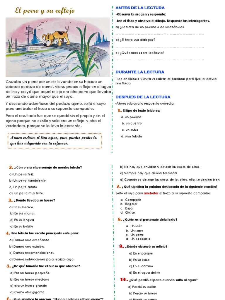 El perro y su reflejo: fábula y moraleja | PDF | Artes del Lenguaje y ...