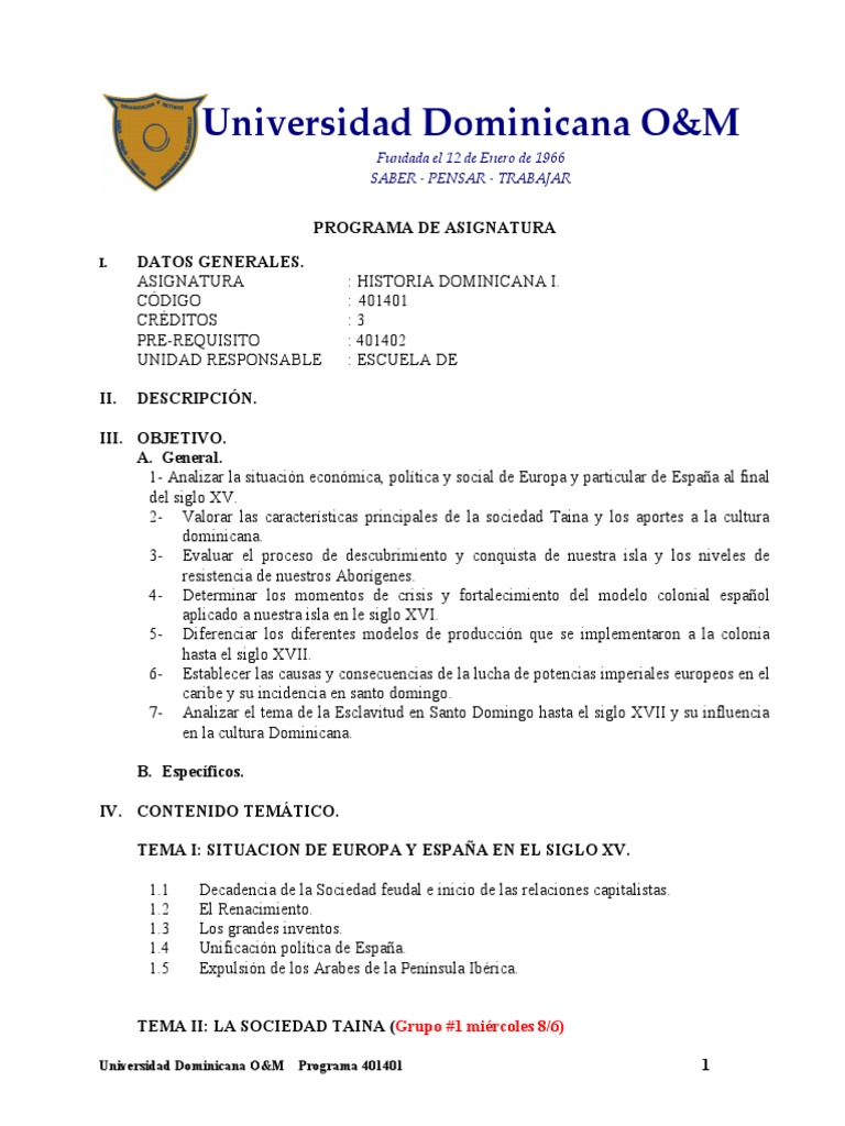 Programa Historia Dominicana I | PDF | República Dominicana | España
