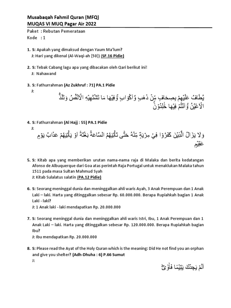 Nama Peserta Musabaqah Quran 2022 | PDF