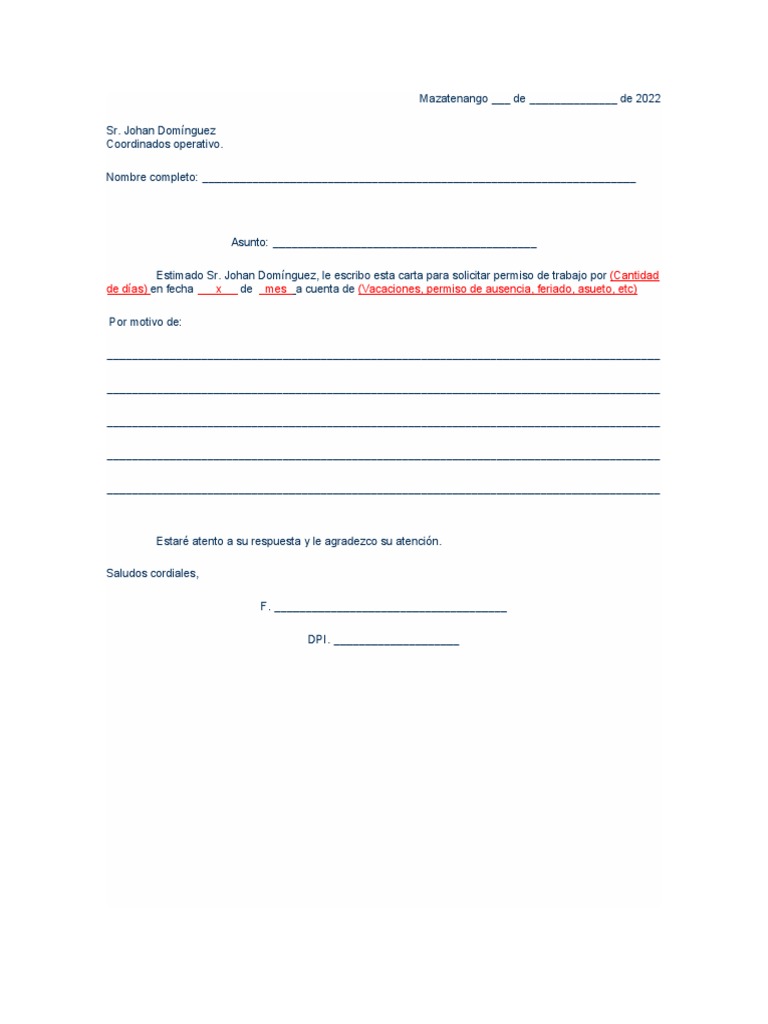 Carta de Permiso Por Ausencia Laboral | PDF Carta de Permiso Por Ausencia Laboral | PDF