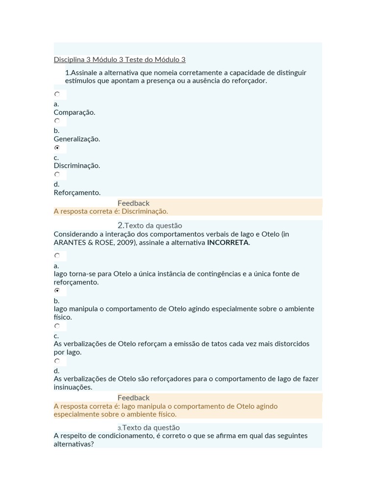 Disciplina 3 Módulo 3 Teste Do Módulo 3 | PDF | Comportamento | Reforço