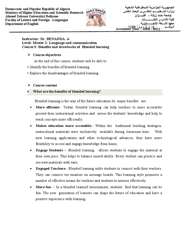 E-Learning - Course 4 Master 2 - Pros and Cons of Blended Learning | PDF | Educational ...