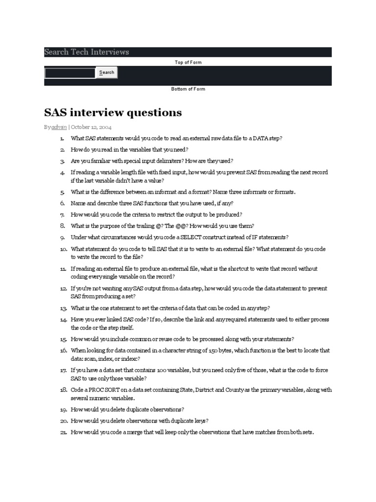 Sas Interview Questions Pdf Sas Software Variable Computer
