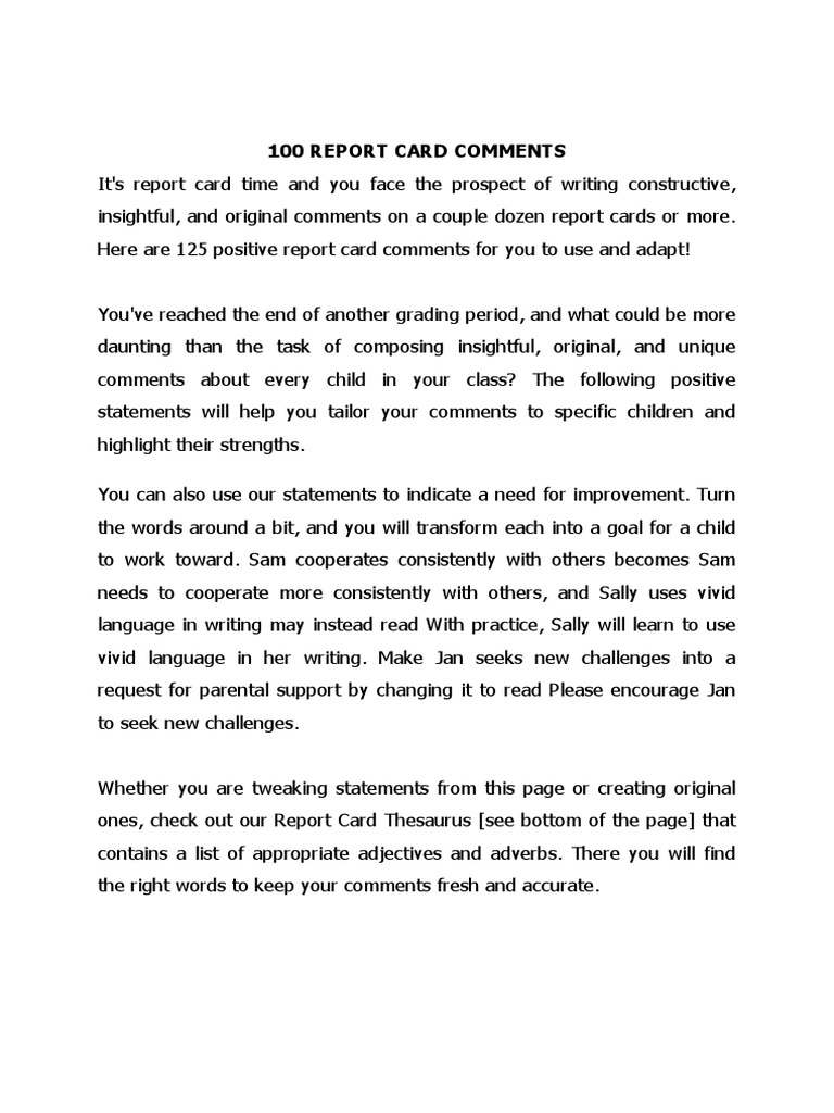 100 Report Card Comments | PDF | Classroom | Teachers
