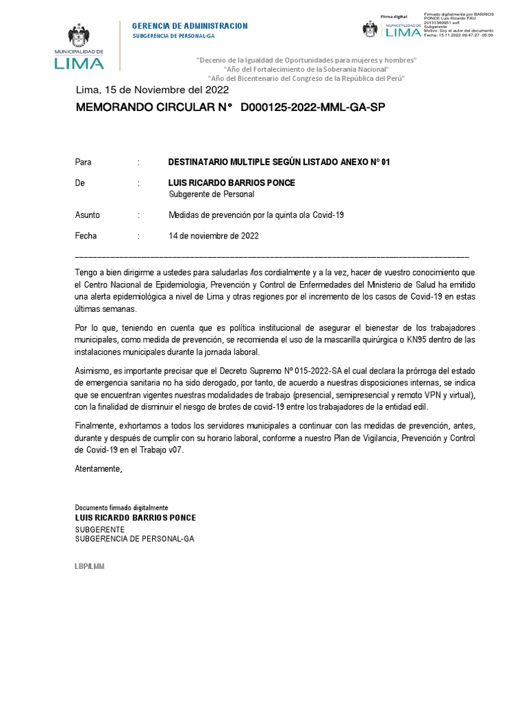 Memorando Circular 000125 2022 Ga SP | PDF | Esfera pública | Ciencias de la Salud