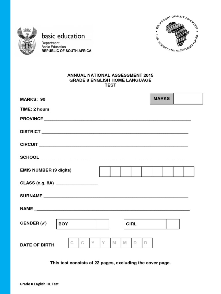 2015 Grade 8 English HL Test | PDF | Adolescence | English Language