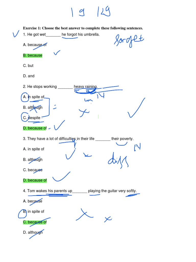 Exercise 1 Although and Because | PDF