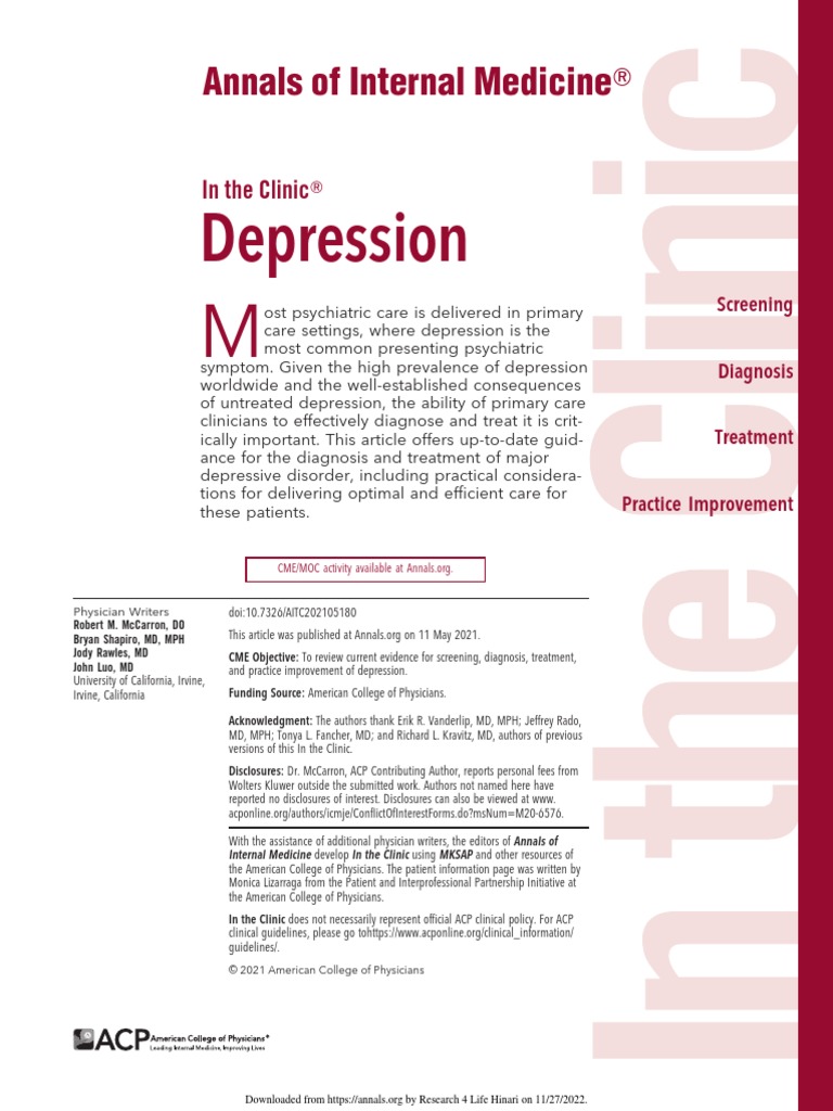 Depression: Annals of Internal Medicinet | PDF | Major Depressive ...