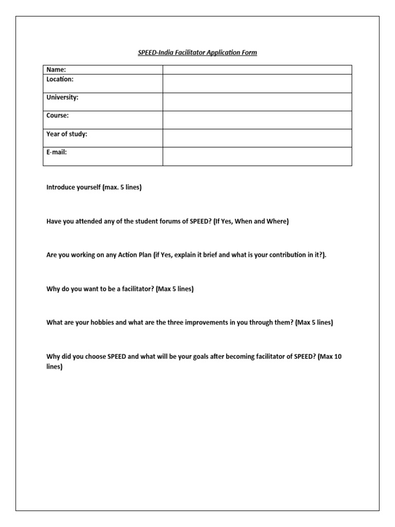 SPEED India Facilitator Form-1 | PDF