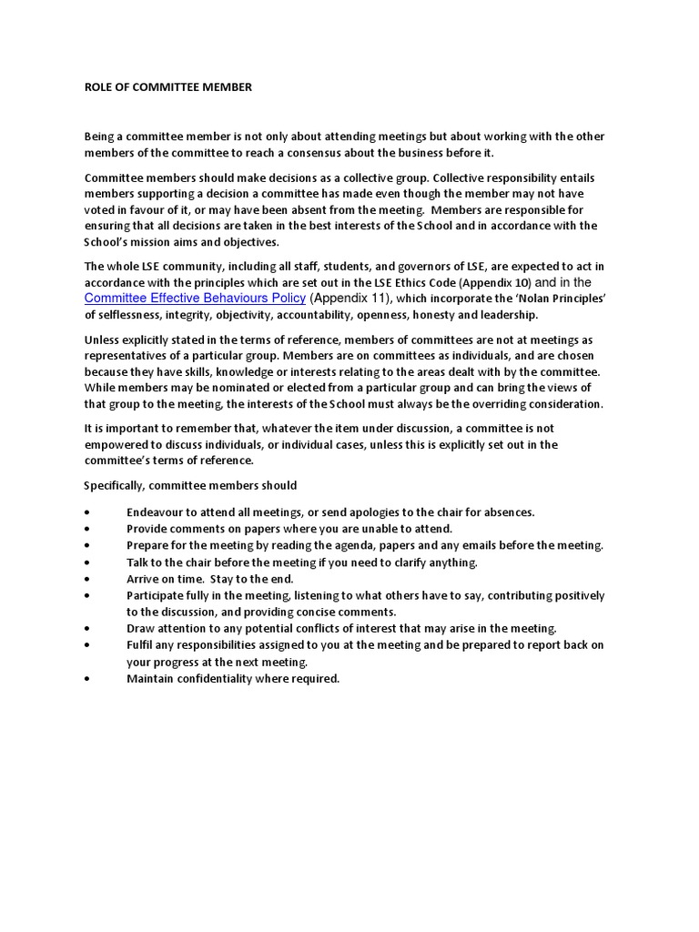 Appendix 9 Role of Committee Member | PDF | Integrity | Social Institutions