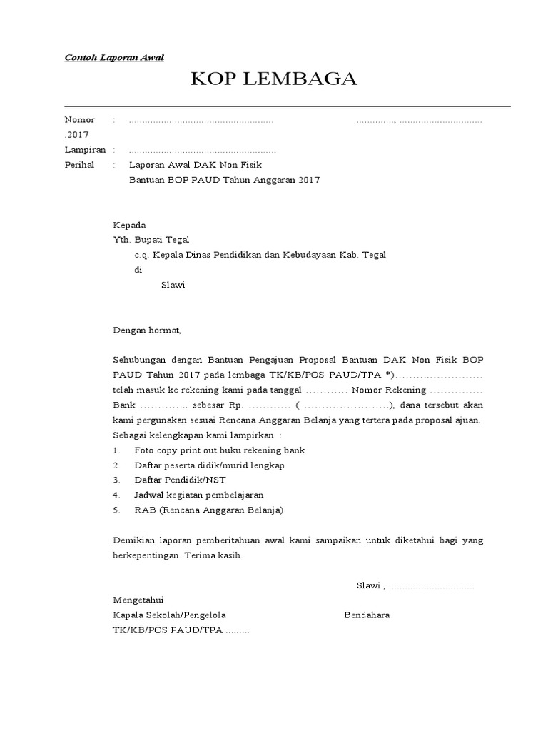 Contoh Draft Laporan Awal Dan SPJ Bop Paud 2017 | PDF