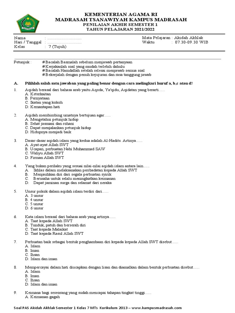 PAS Akidah Akhlak Kls 7 | PDF