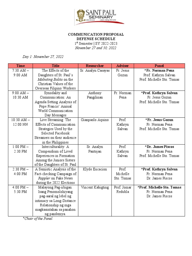 Comm Proposal Defense Schedule | PDF | Mass Media | Communication